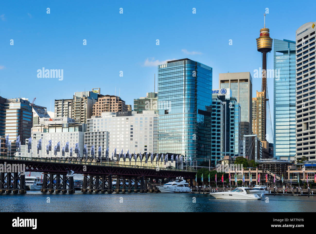 The Pyrmont Bridge and city skyline at Darling Harbour, Sydney, New ...