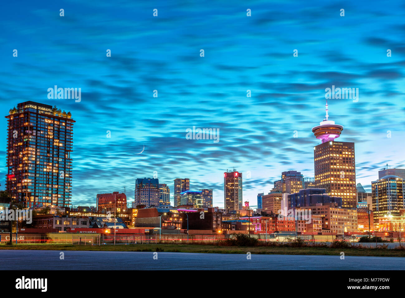 Vancouver skyline and high rise buildings at night, Vancouver, British ...