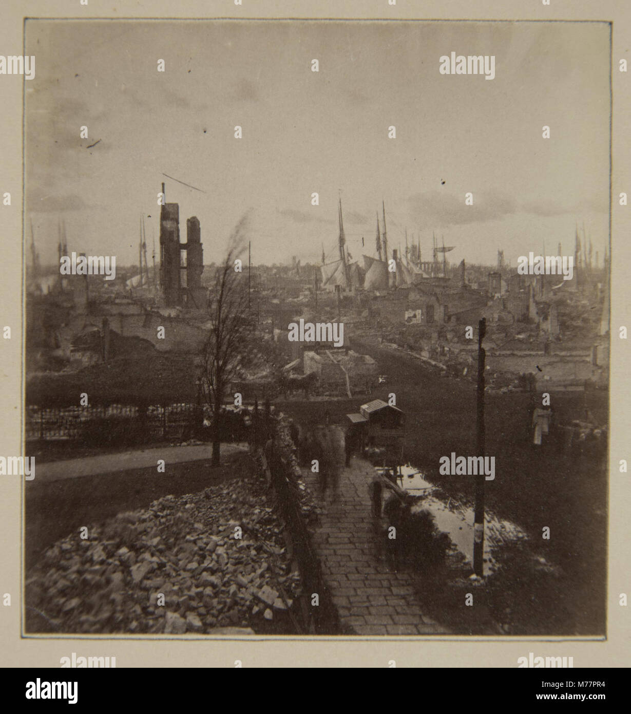 A dramatic view of the Chicago Fire of 1871, taken from the northeast ...