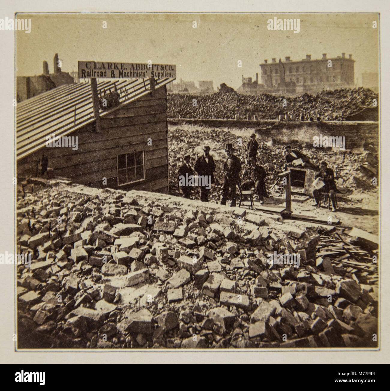 A historical image showing the aftermath of the Chicago Fire of 1871 ...