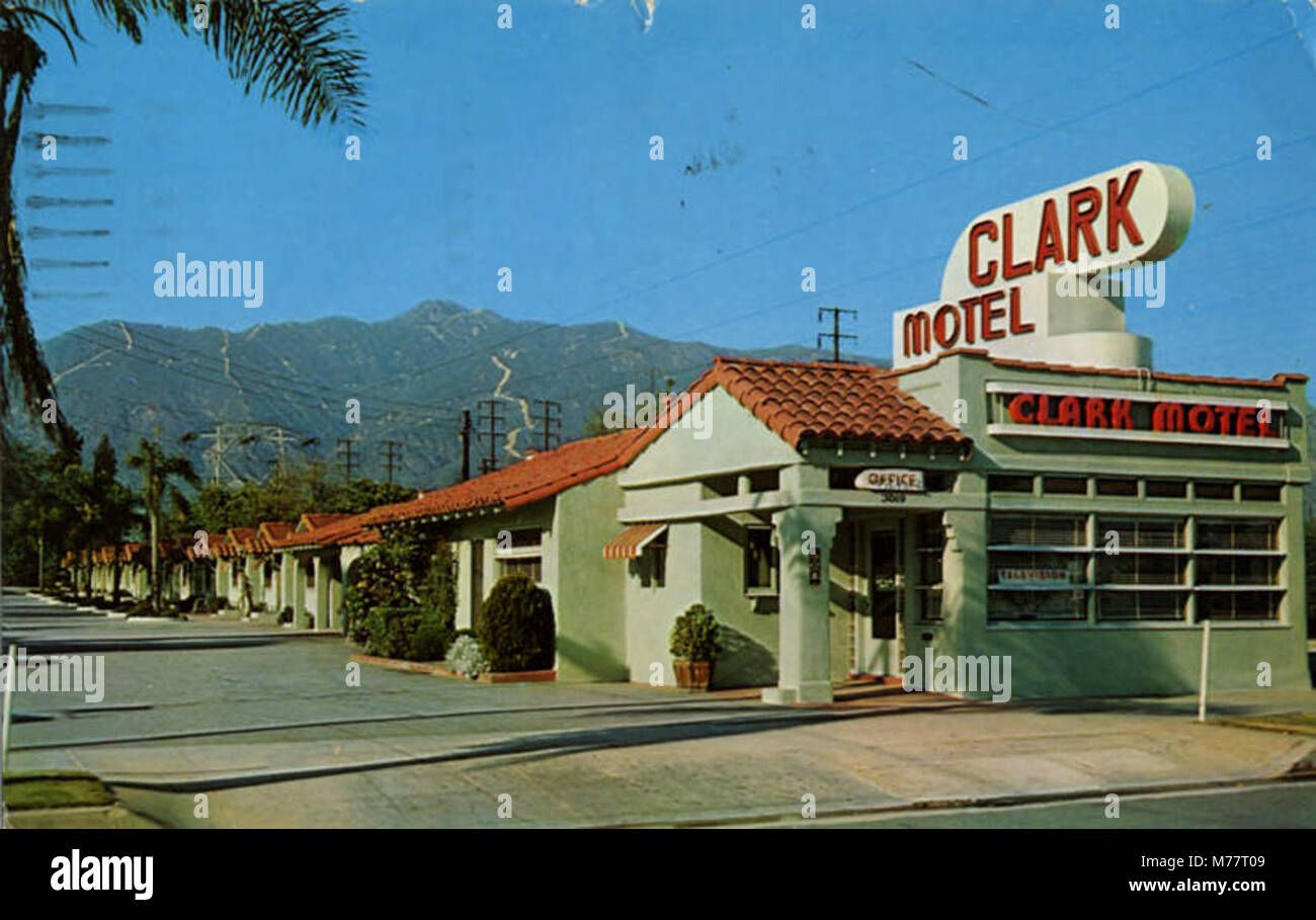 This photograph shows the Clark Motel, a vintage motor lodge from the ...