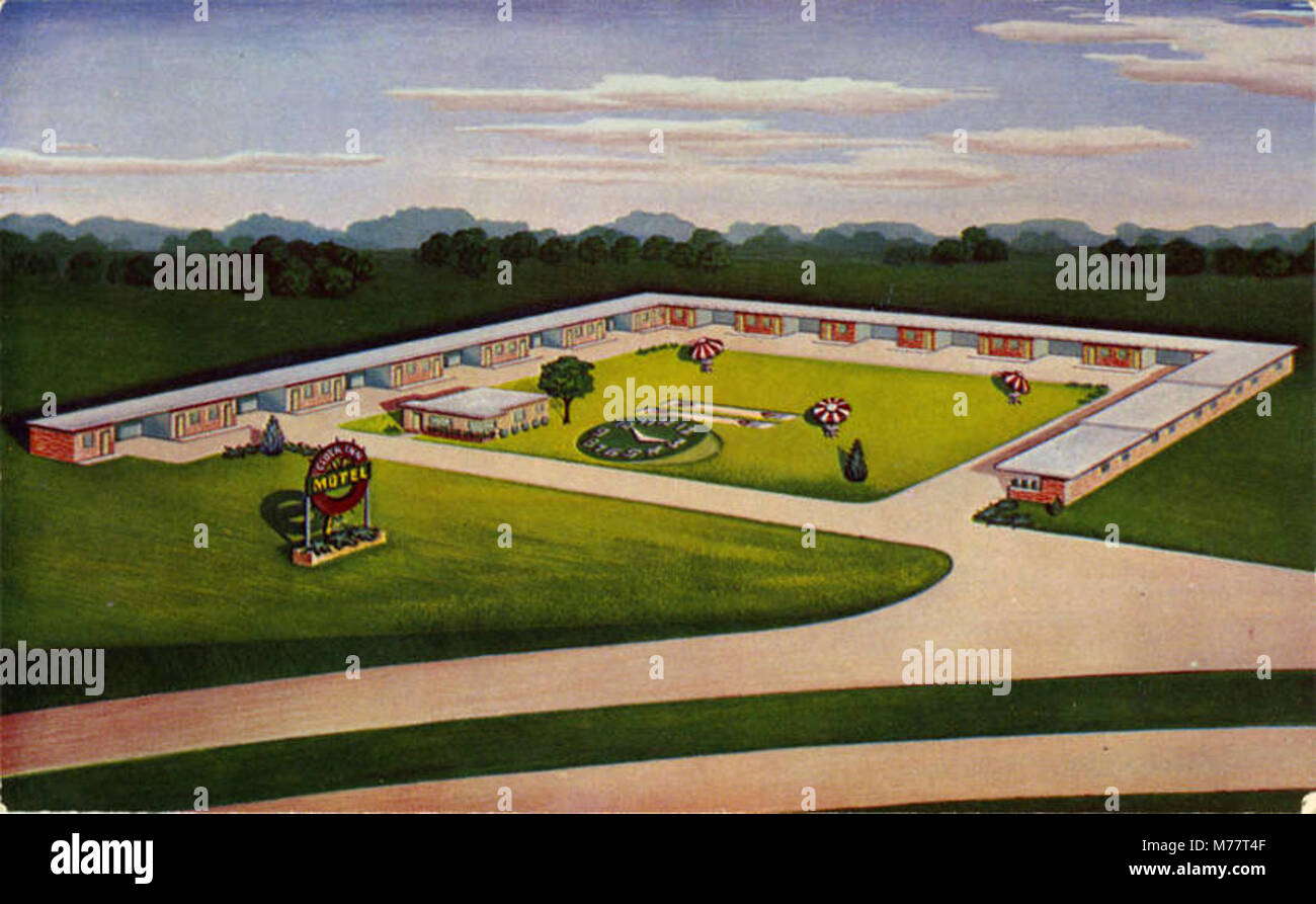 The Clock Inn Motel, depicted in a postcard, showcases a mid-20th ...