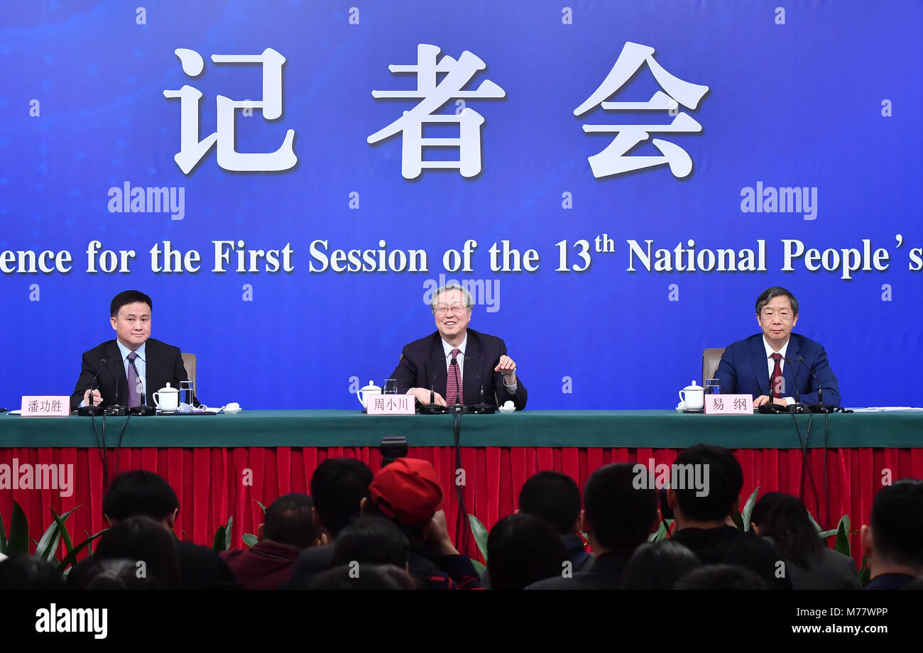 Beijing, China. 9th Mar, 2018. Zhou Xiaochuan (C), governor of the ...
