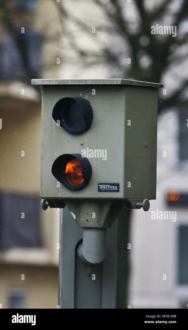 08 March 2018, Germany, Duesseldorf: A decomissioned speed camera of ...