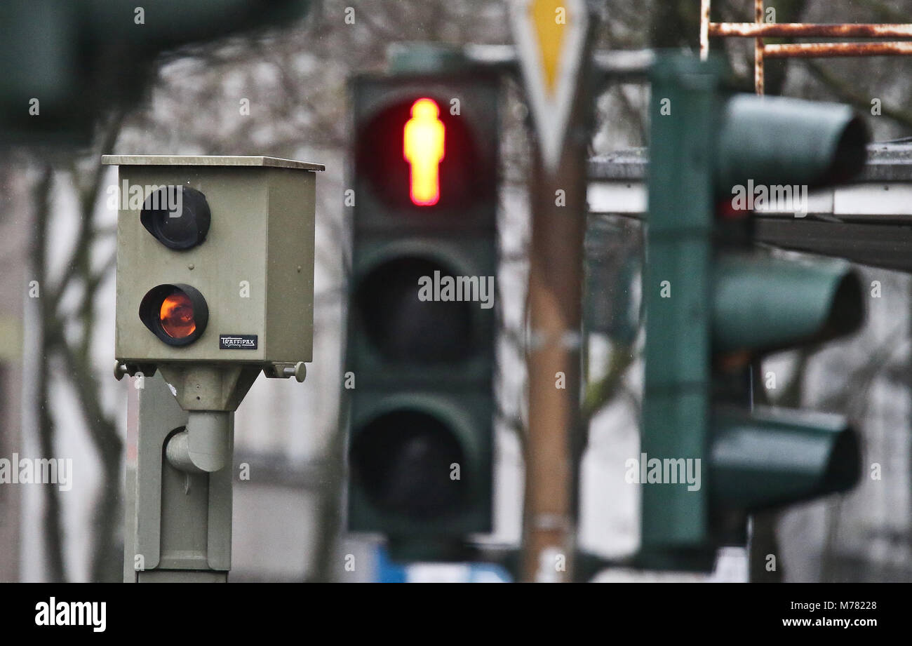 08 March 2018, Germany, Duesseldorf: A decomissioned speed camera of ...