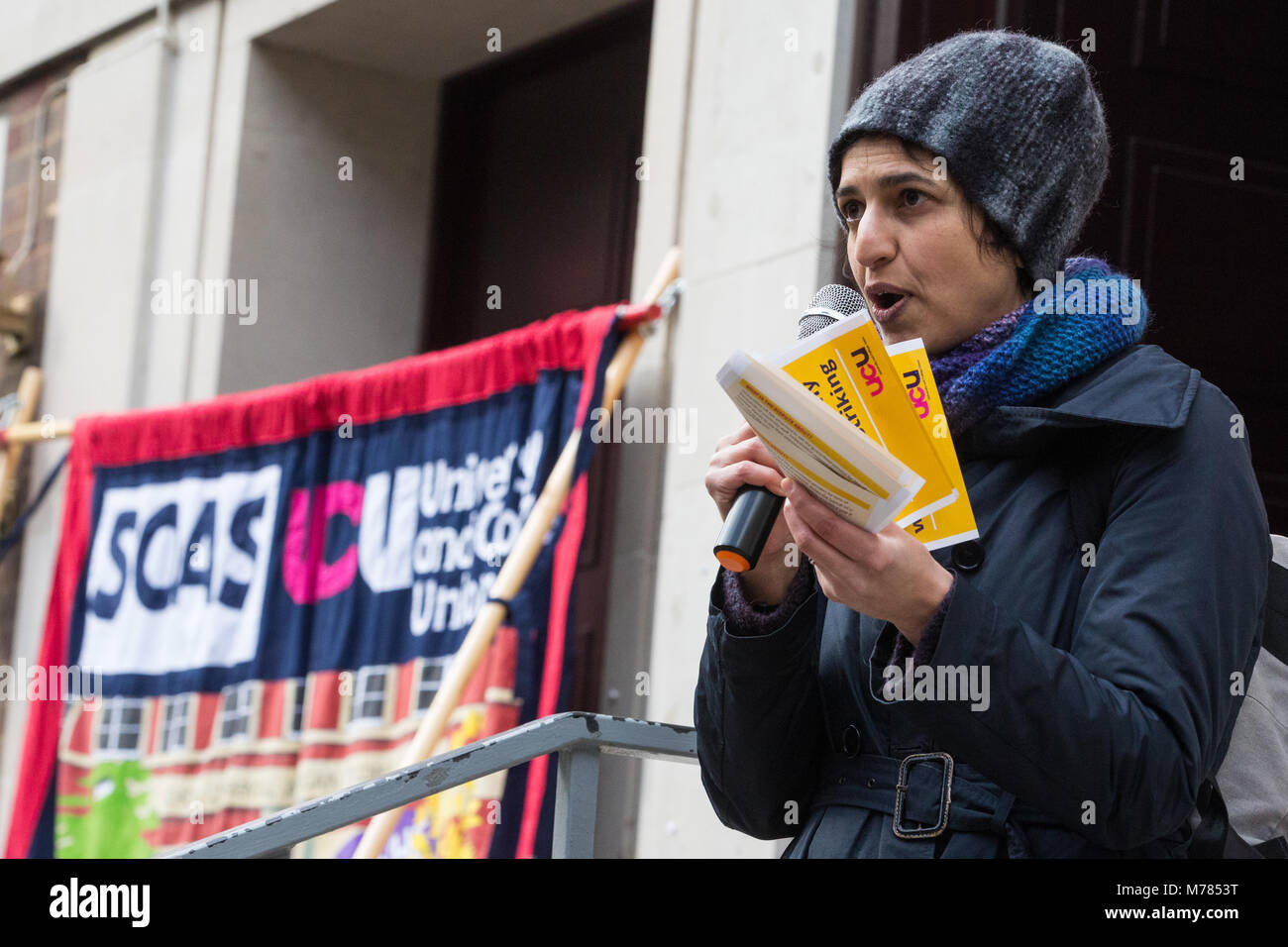 London, UK. 8th March, 2018. A UCU academic addresses students and UCU ...