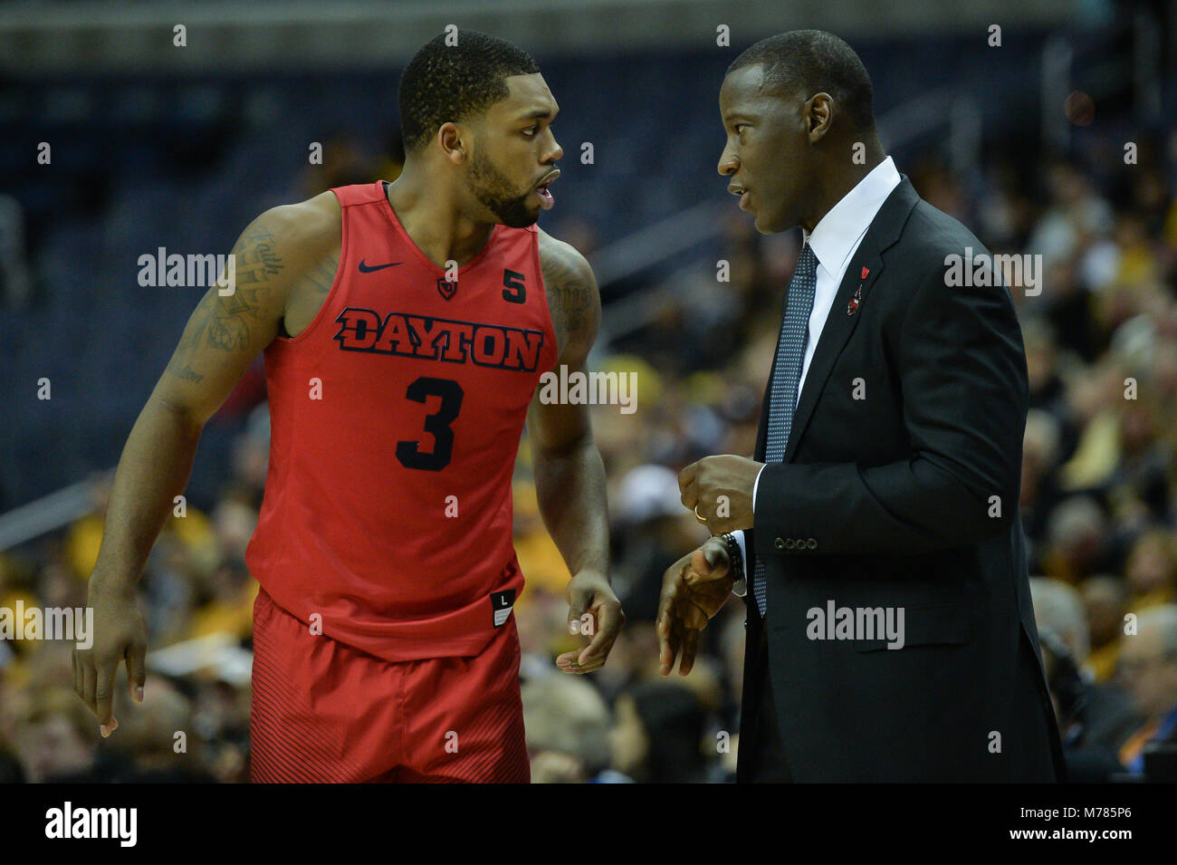 Washington, DC, USA. 8th Mar, 2018. TREY LANDERS (3) talks with Dayton ...