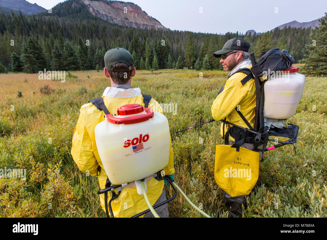 Bryan Giordano and Brian Ertel prepare to spray rotenone in Stock Photo ...