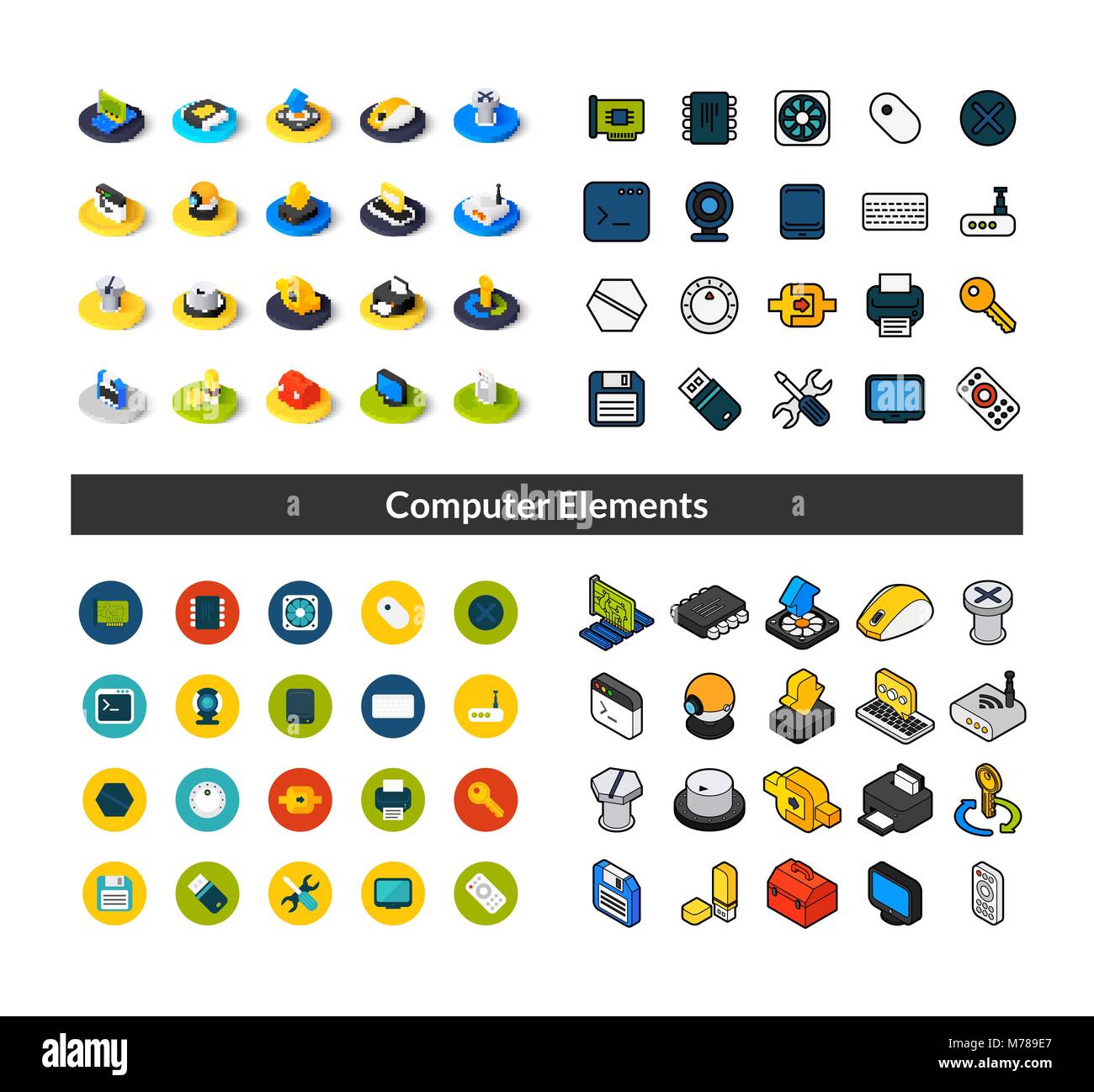 Set of icons in different style - isometric flat and otline, colored ...