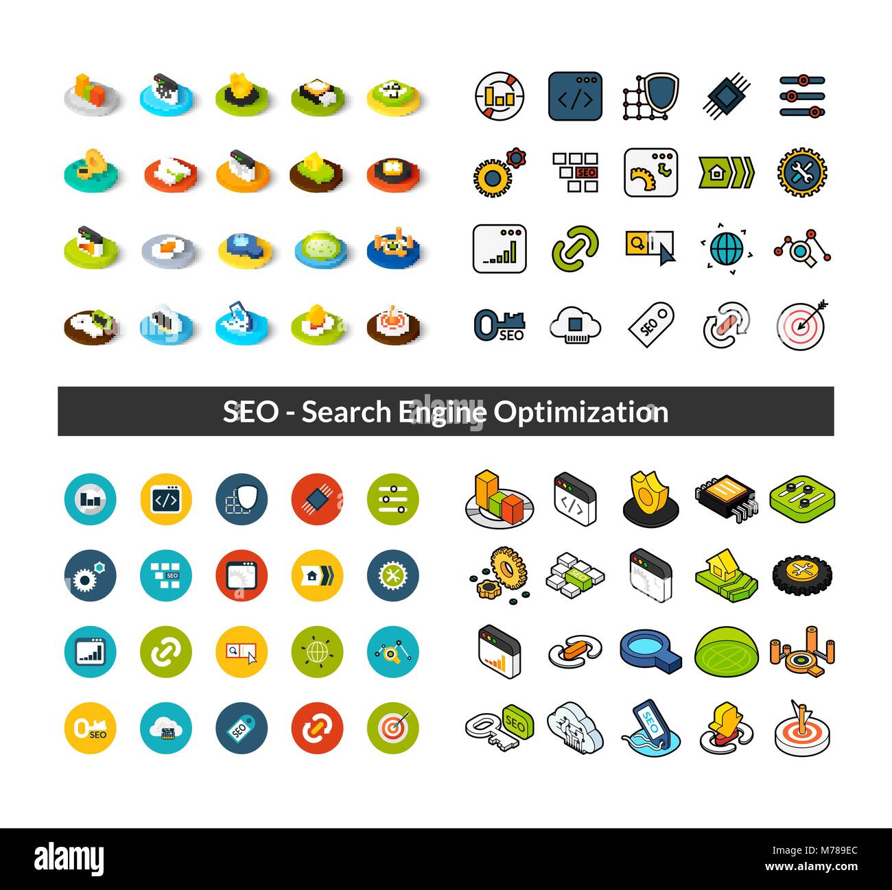 Set of icons in different style - isometric flat and otline, colored ...