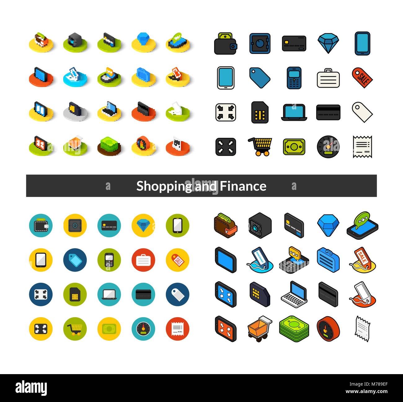 Set of icons in different style - isometric flat and otline, colored ...