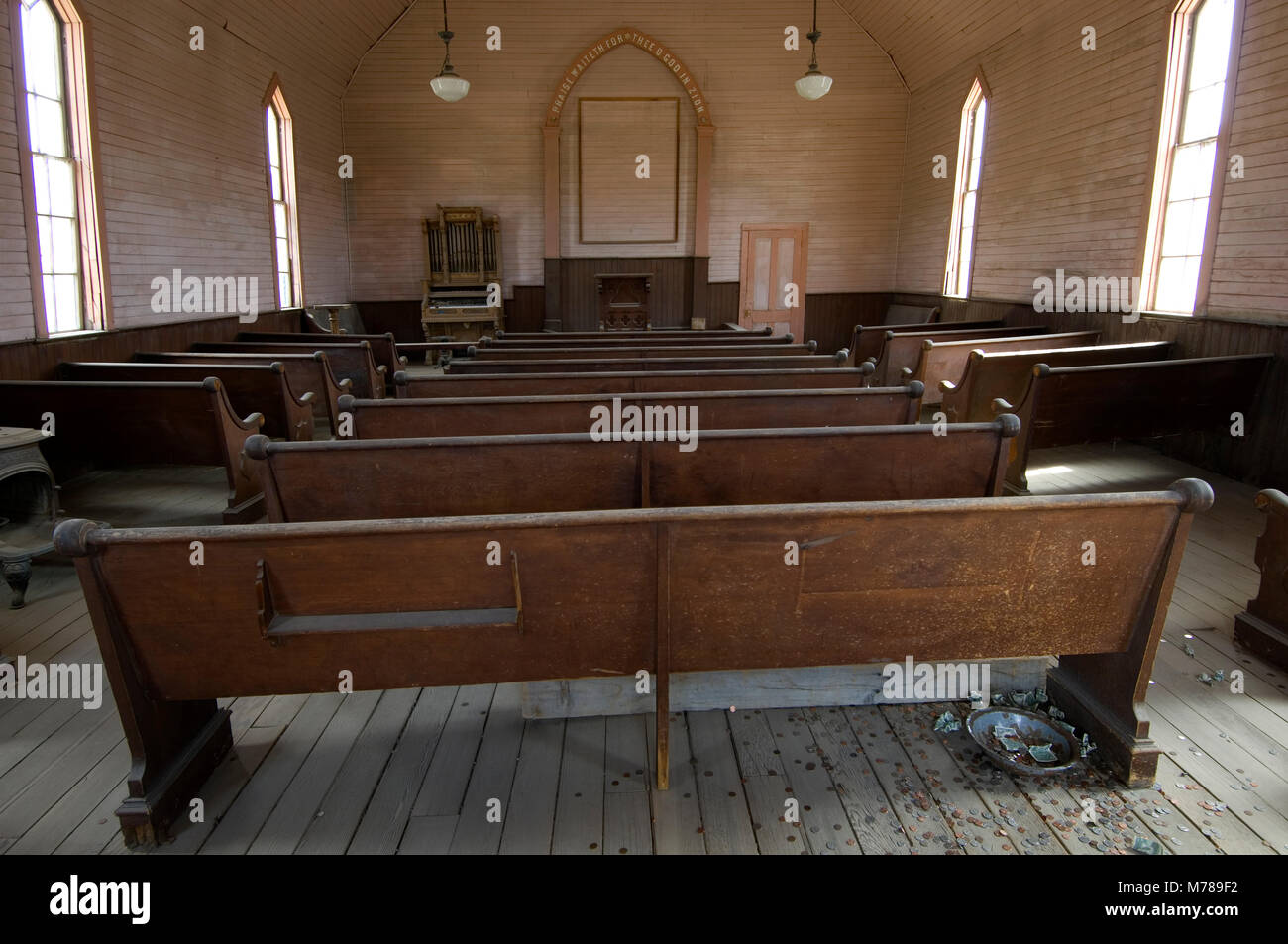 The interior of an abandoned Methodist Church in ghost town Bodie, in Bodie State Historic Park ...