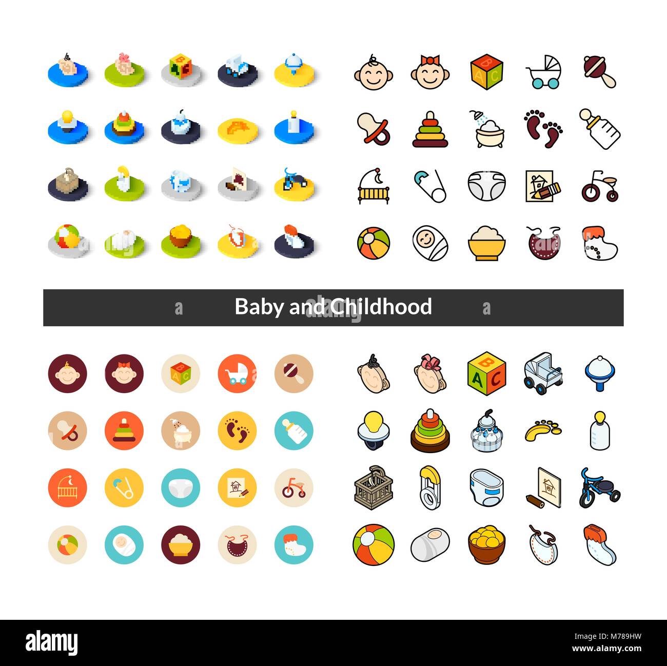 Set of icons in different style - isometric flat and otline, colored ...