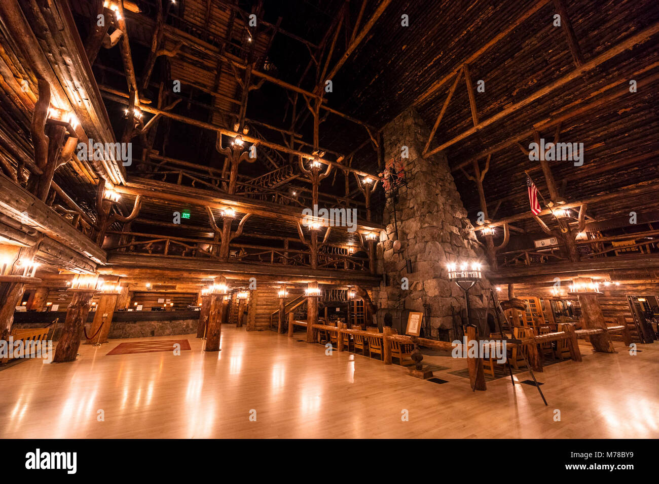 Old Faithful Inn lobby at night Stock Photo - Alamy