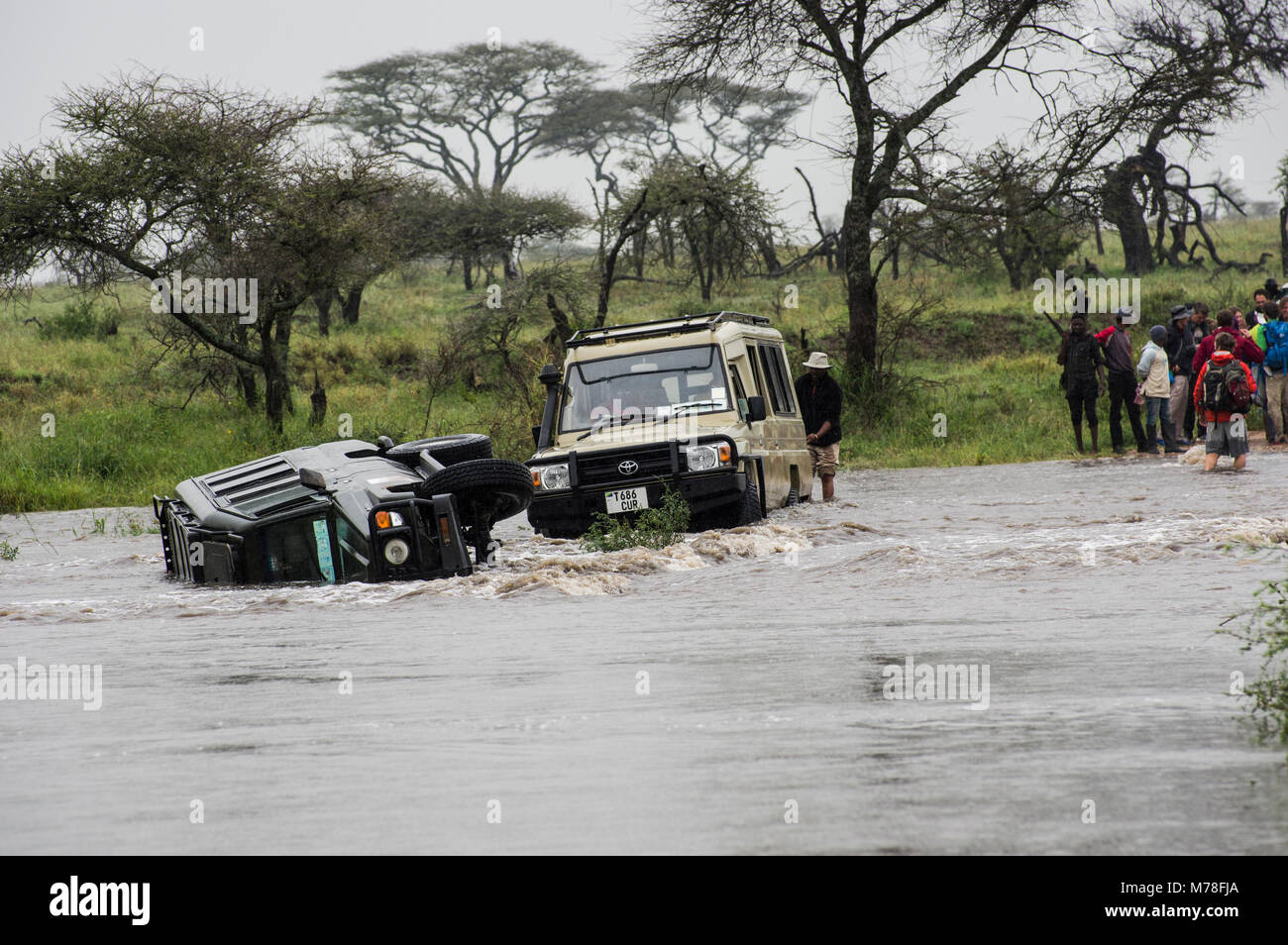 Dangerous washed out road in the Serengeti leads to one overturned SUV ...