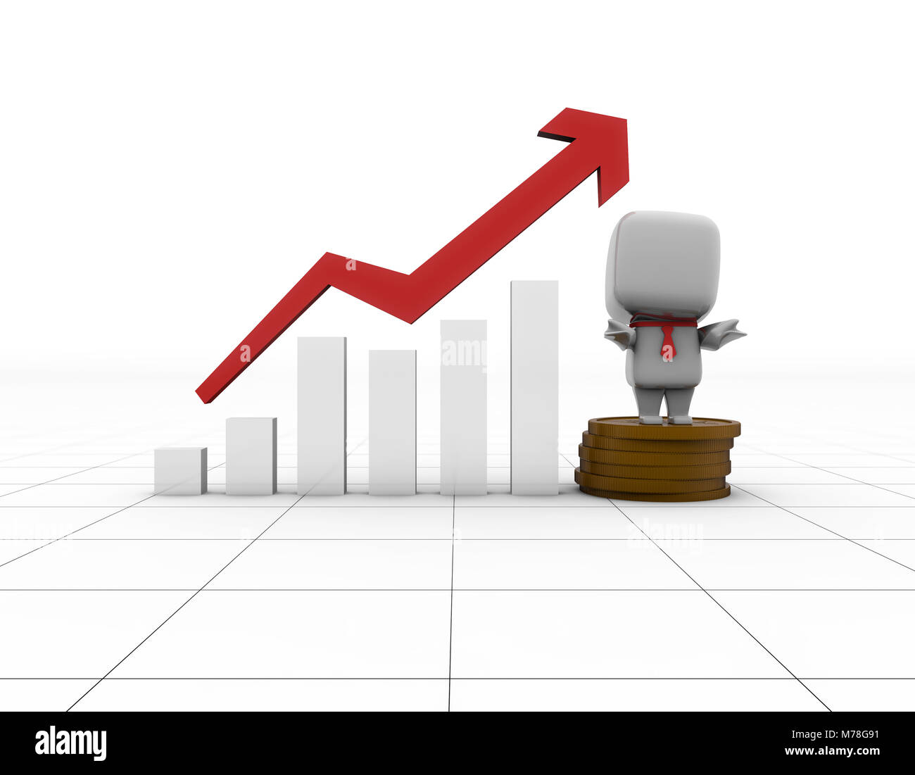 Business small white man and arrow bar chart, economic improvement ...