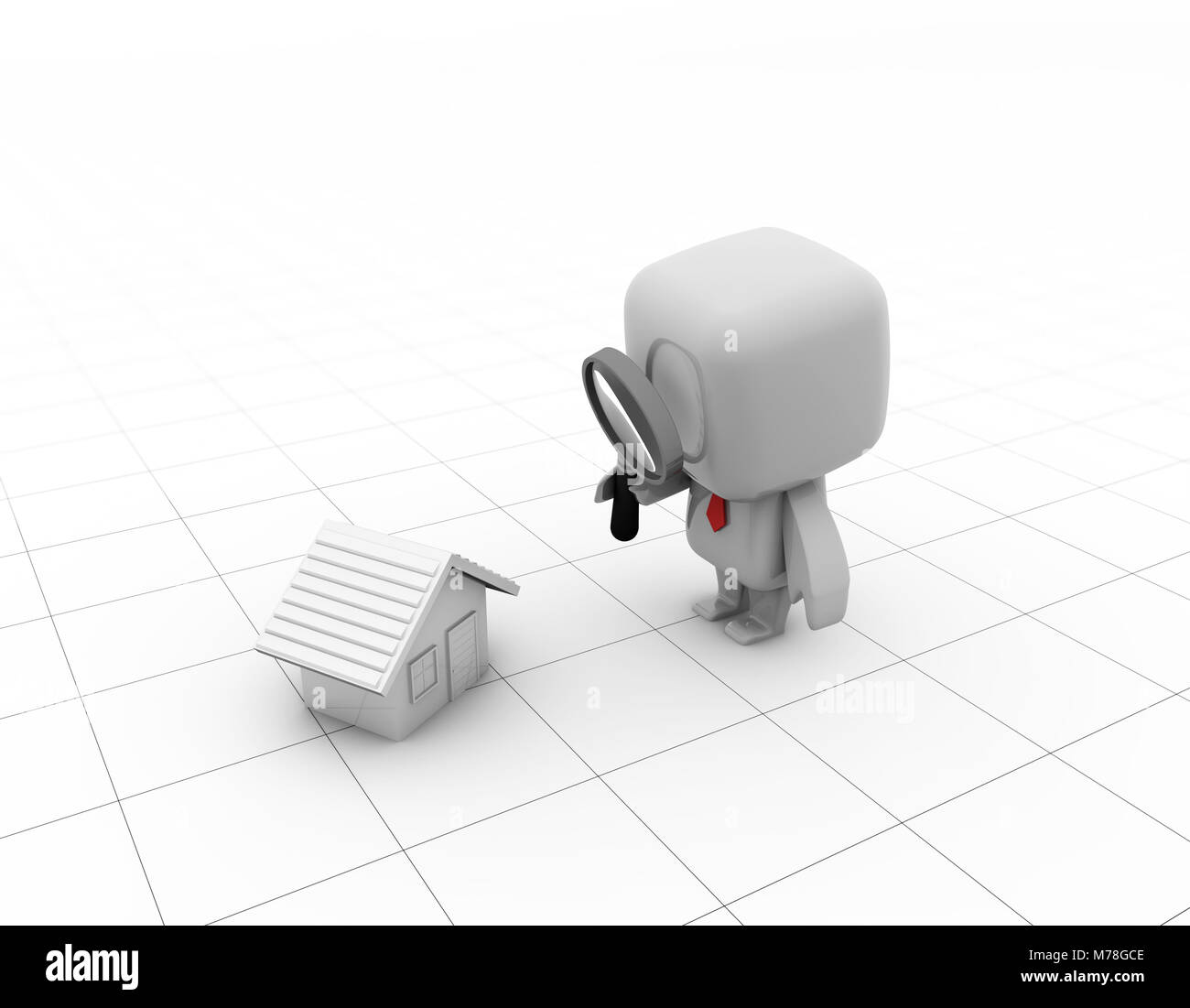 Little white man holding a magnifying glass, observing the house Stock ...