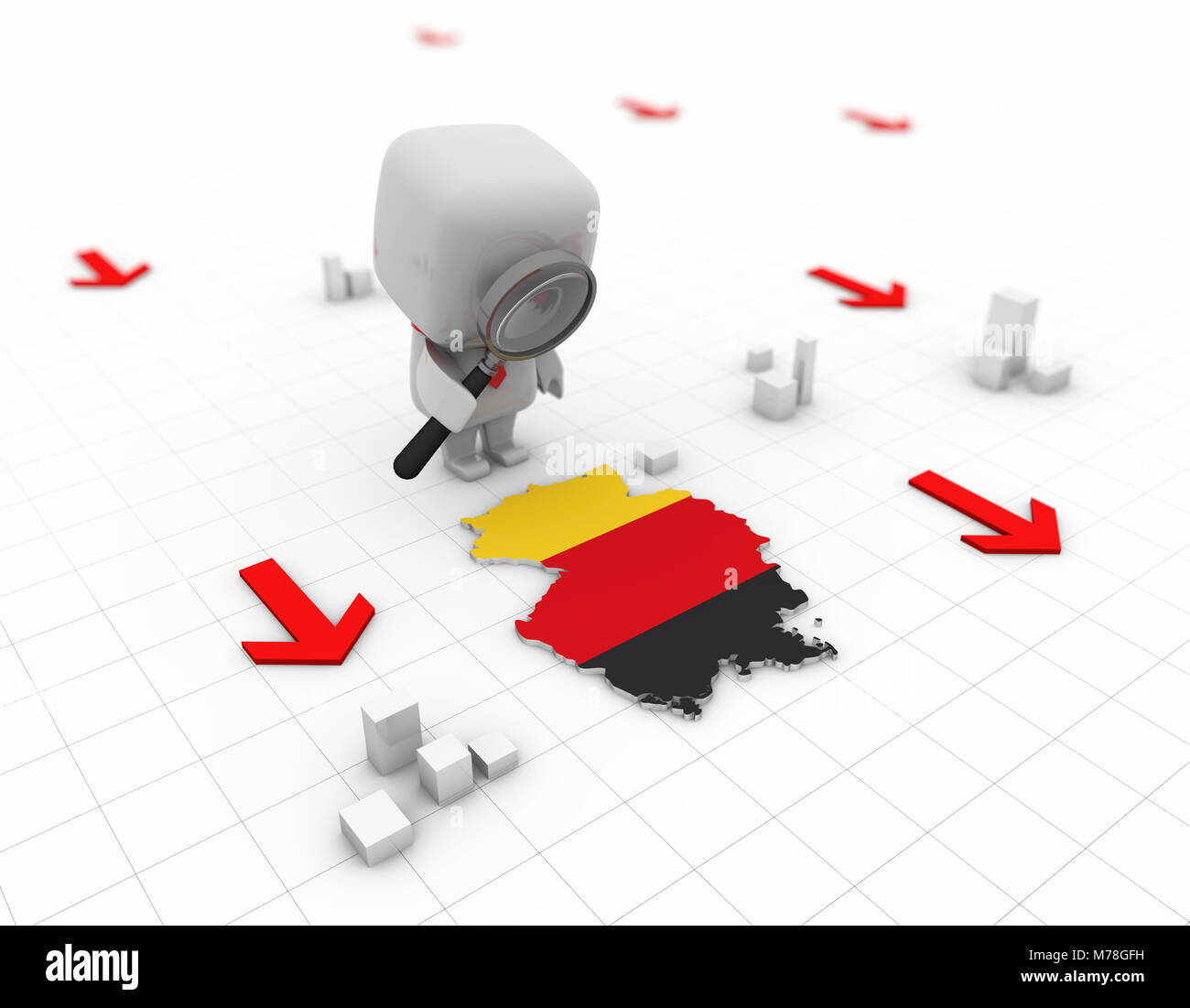 Business people holding a magnifying glass, observing the country map ...