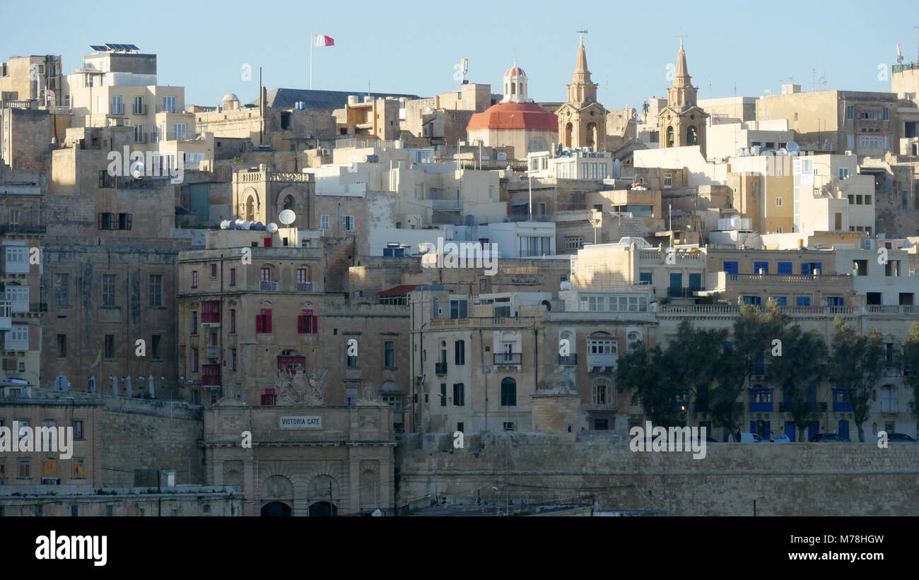 Central Valletta as seen from Senglea Peninsula. Buildings crammed ...