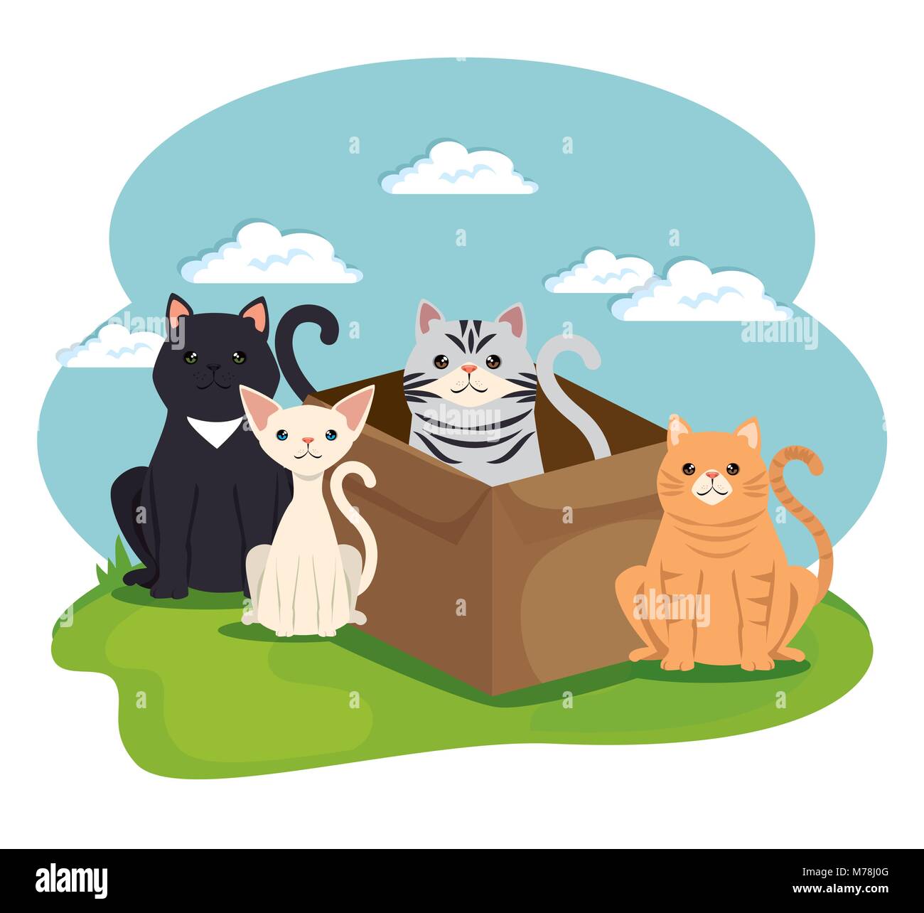 cute cats pets in landscape characters vector illustration design Stock ...