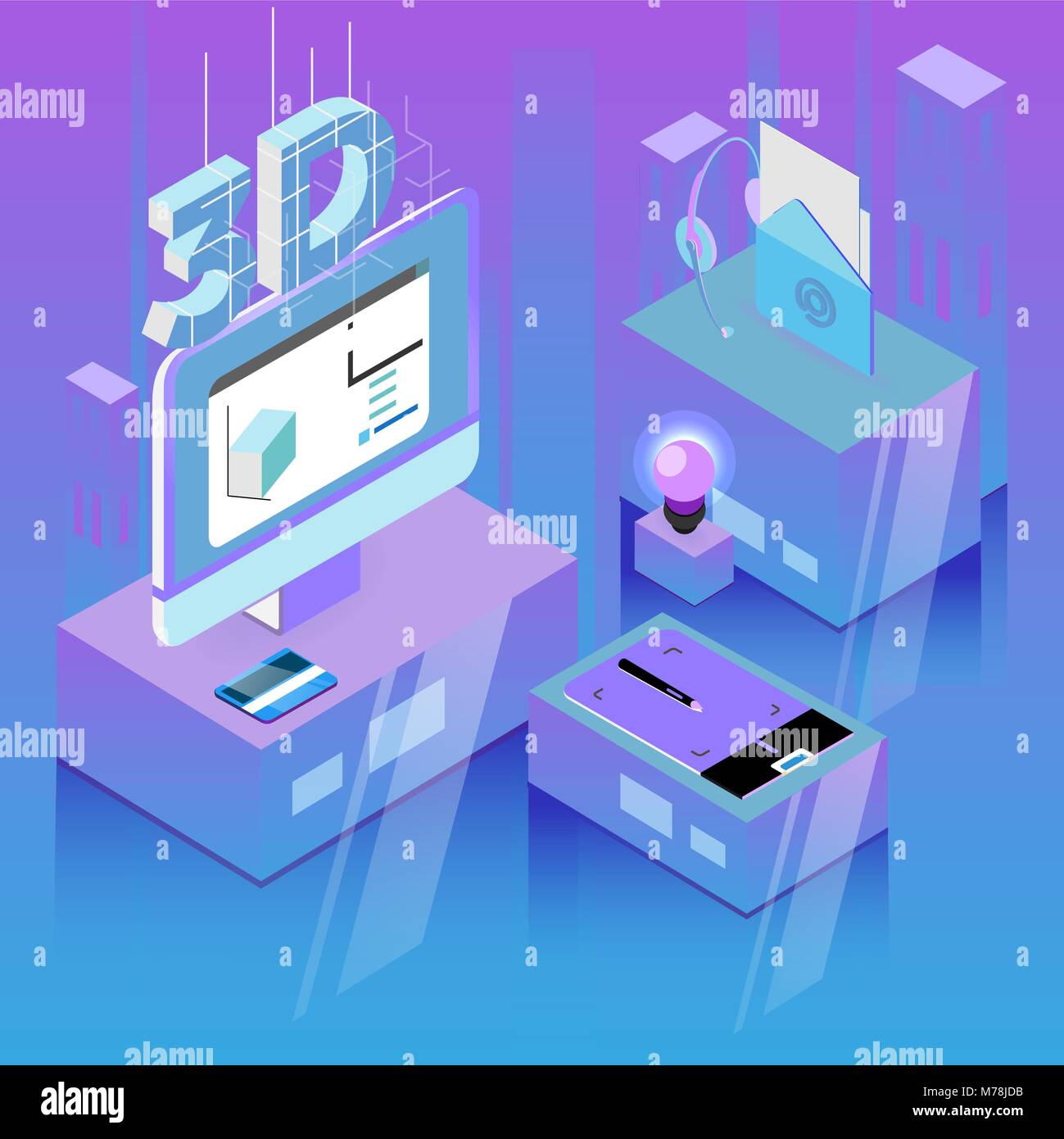 Isometric designer workplace. 3d design workplace. Vector illustration ...