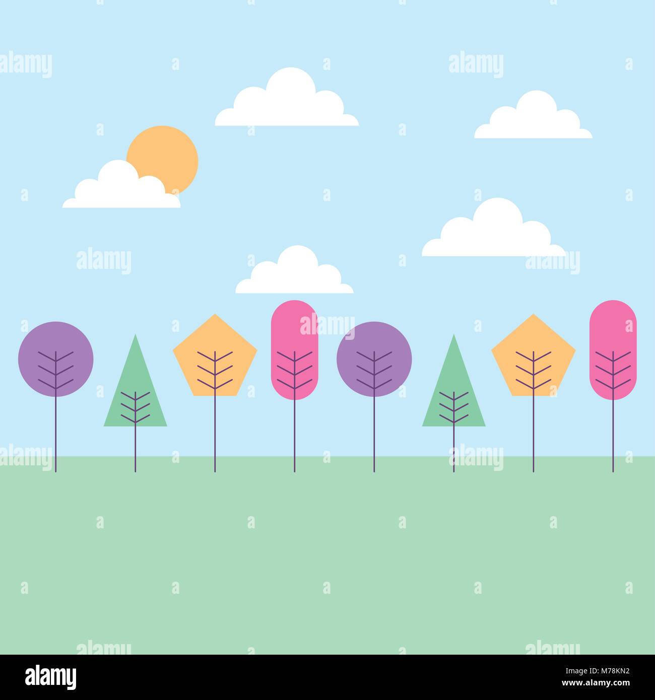 cartoon landscape trees shape geometric clouds and sun Stock Vector ...
