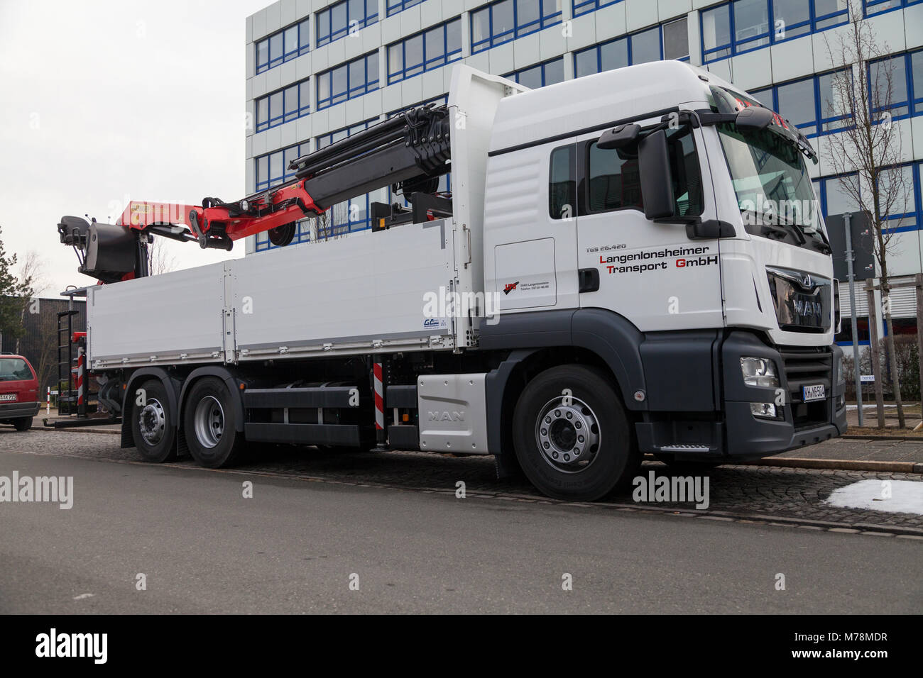 NUERNBERG / GERMANY - MARCH 4, 2018: MAN flatbed truck with crane ...