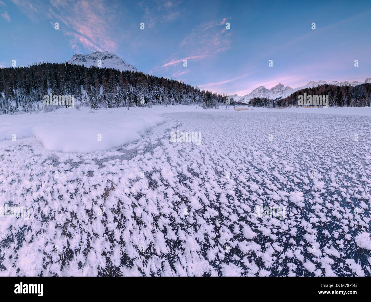Panoramic of ice crystals at Lej da Staz, St. Moritz, Engadine, Canton ...