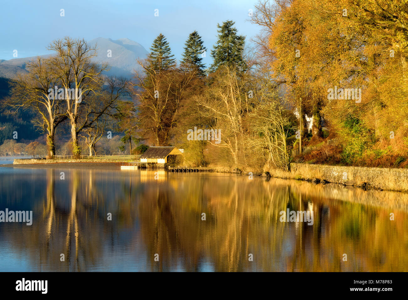 Loch Ard boathouse in autumn, Trossachs National Park, Stirling Region ...