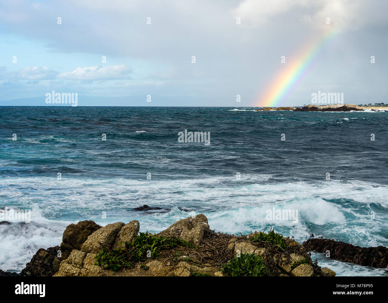 Rainbow over ocean near Pebble Beach, Monterey, California,, USA, on ...