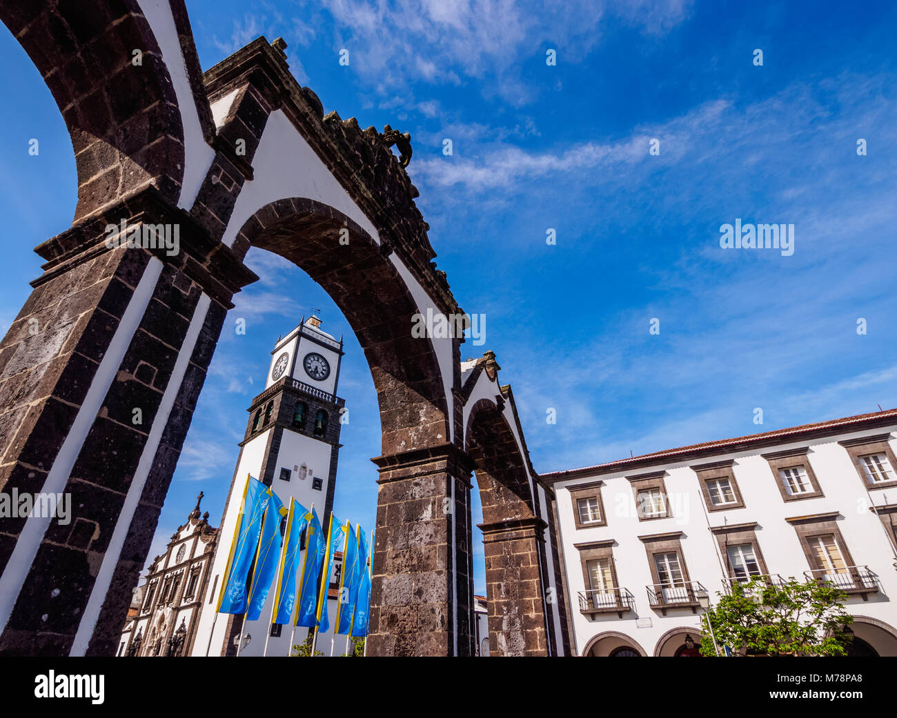 City Gates and Main Church, Ponta Delgada, Sao Miguel Island, Azores ...