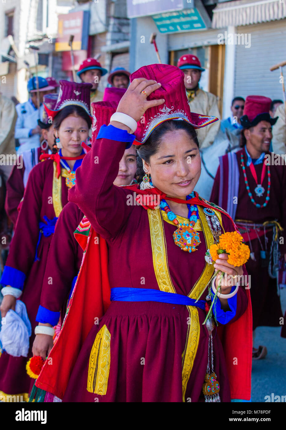 Unidentified Ladakhi people with traditional costumes participates in ...