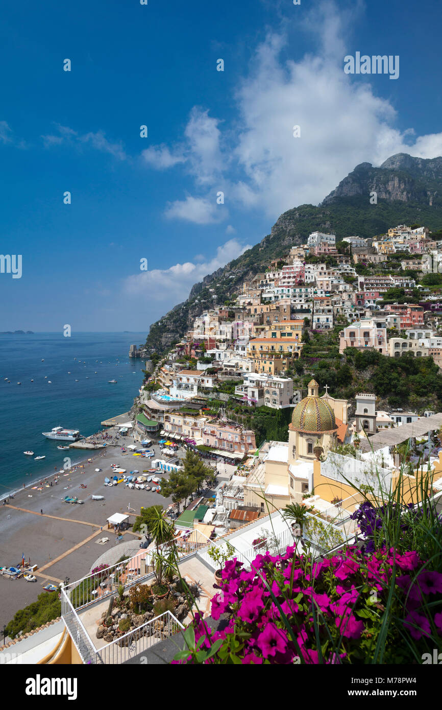 View of town and beach, Positano, Amalfi Coast (Costiera Amalfitana ...