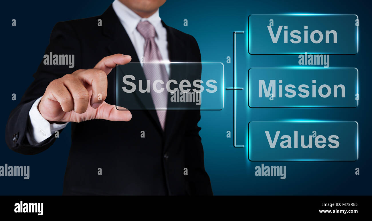 Businessman with vision mission and values label Stock Photo - Alamy