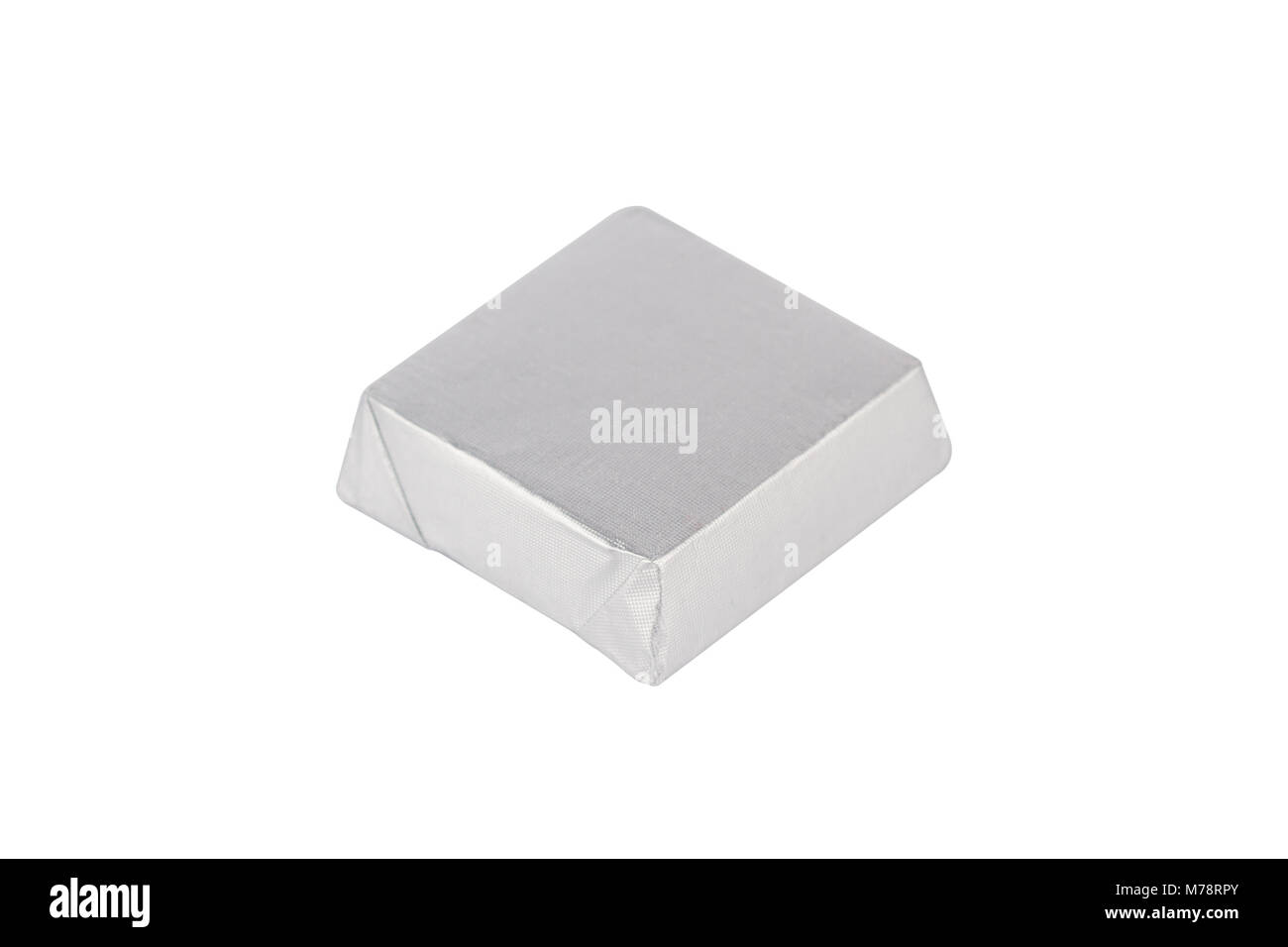 top view closeup of chocolate candy bar wrapped in silver foil ...