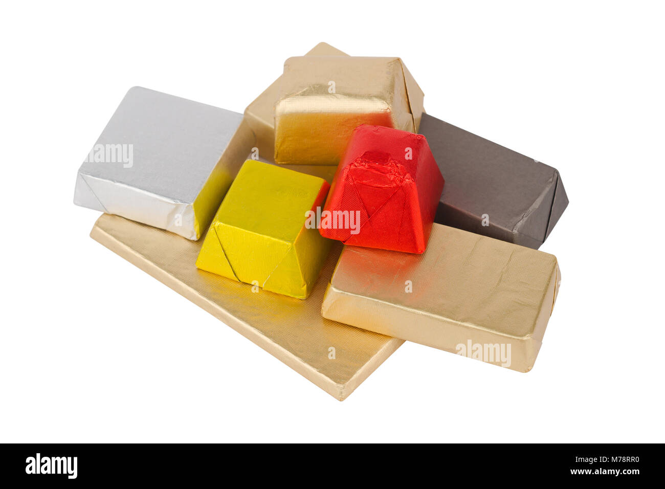 closeup top view of many colors chocolate bars stack arranged in shiny ...