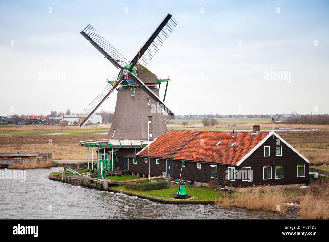 Windmill in Zaanse Schans historic town, Holland. It is one of the most ...