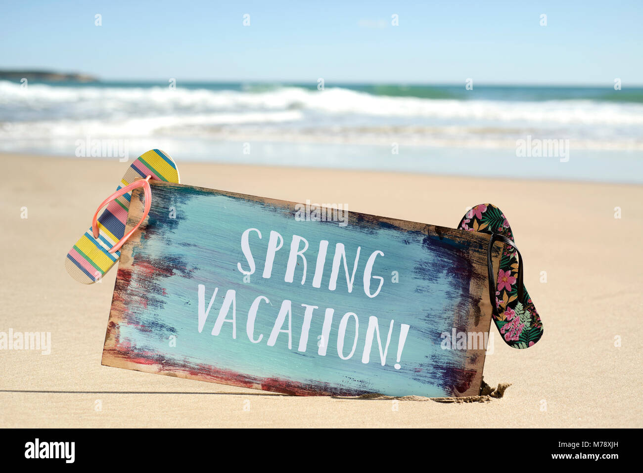 closeup of a rustic signboard with the text spring vacation written in ...