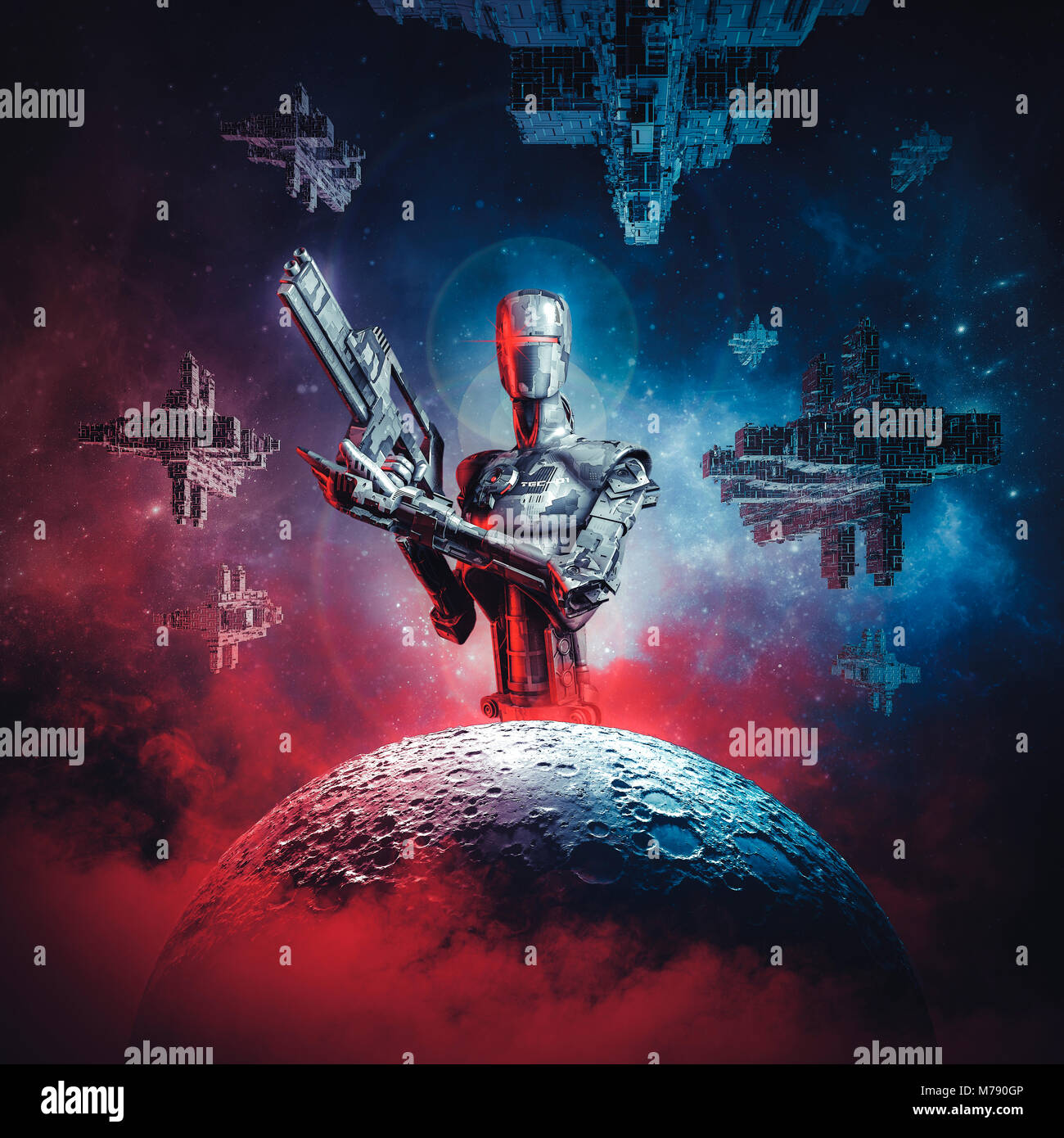 Prelude to space war / 3D illustration of science fiction scene showing ...