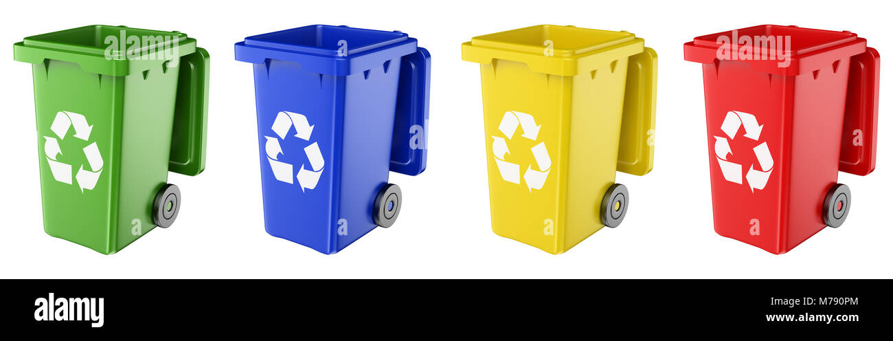 3d environment illustration. Dustbins of various colors. Opened ...