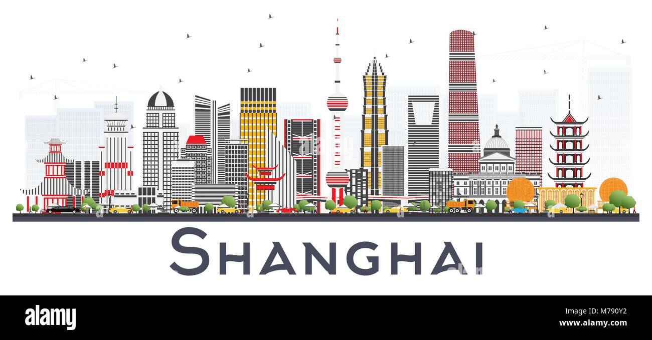 Shanghai China City Skyline with Color Buildings Isolated on White ...