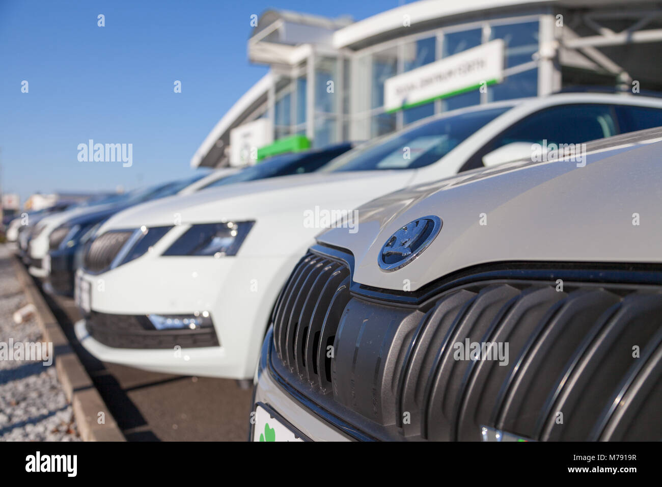 NUERNBERG / GERMANY - MARCH 4, 2018: Skoda logo on a Skoda car at a car ...