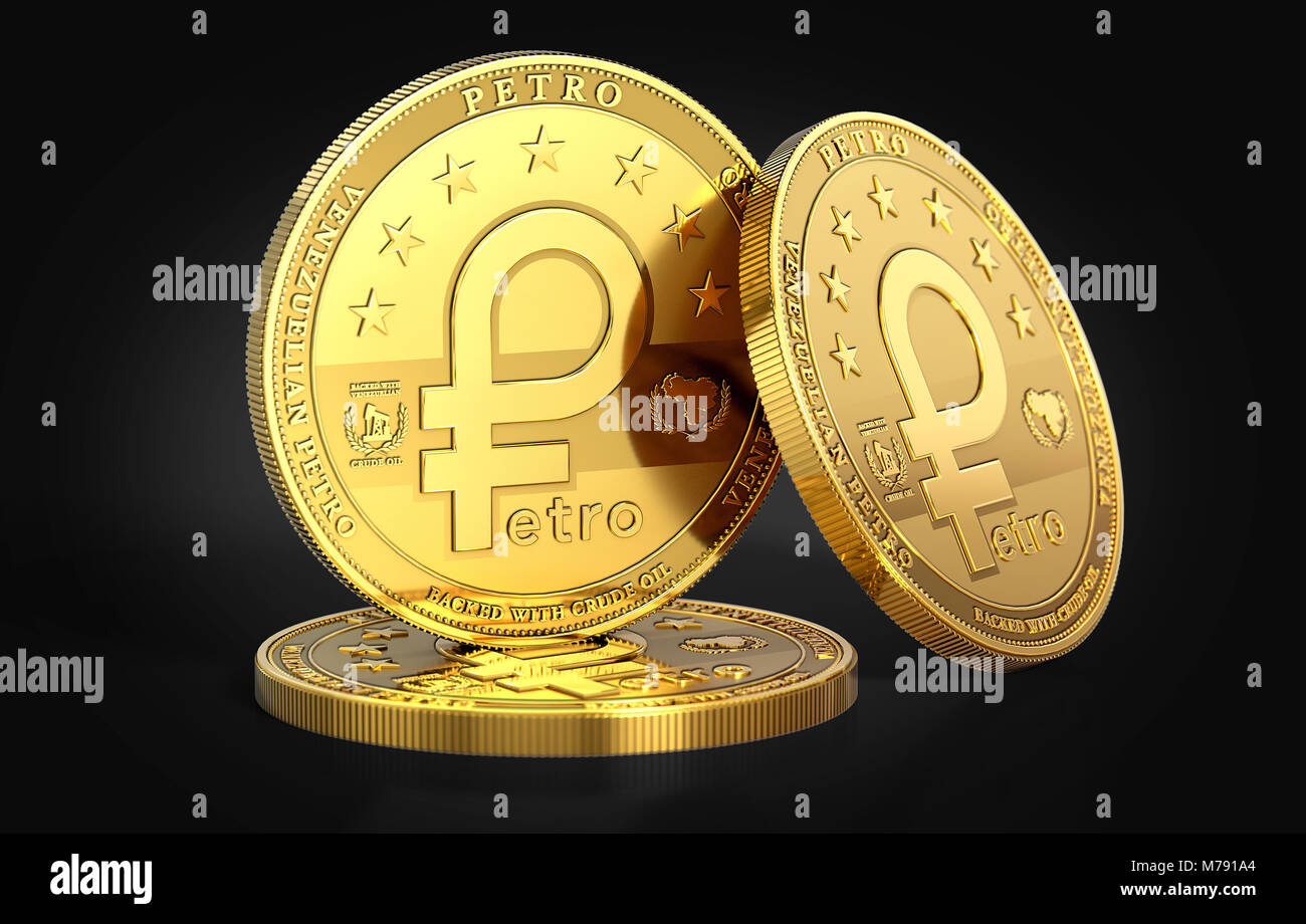 Stack of Petro, the oil backed cryptocurrency coin, isolated on black ...