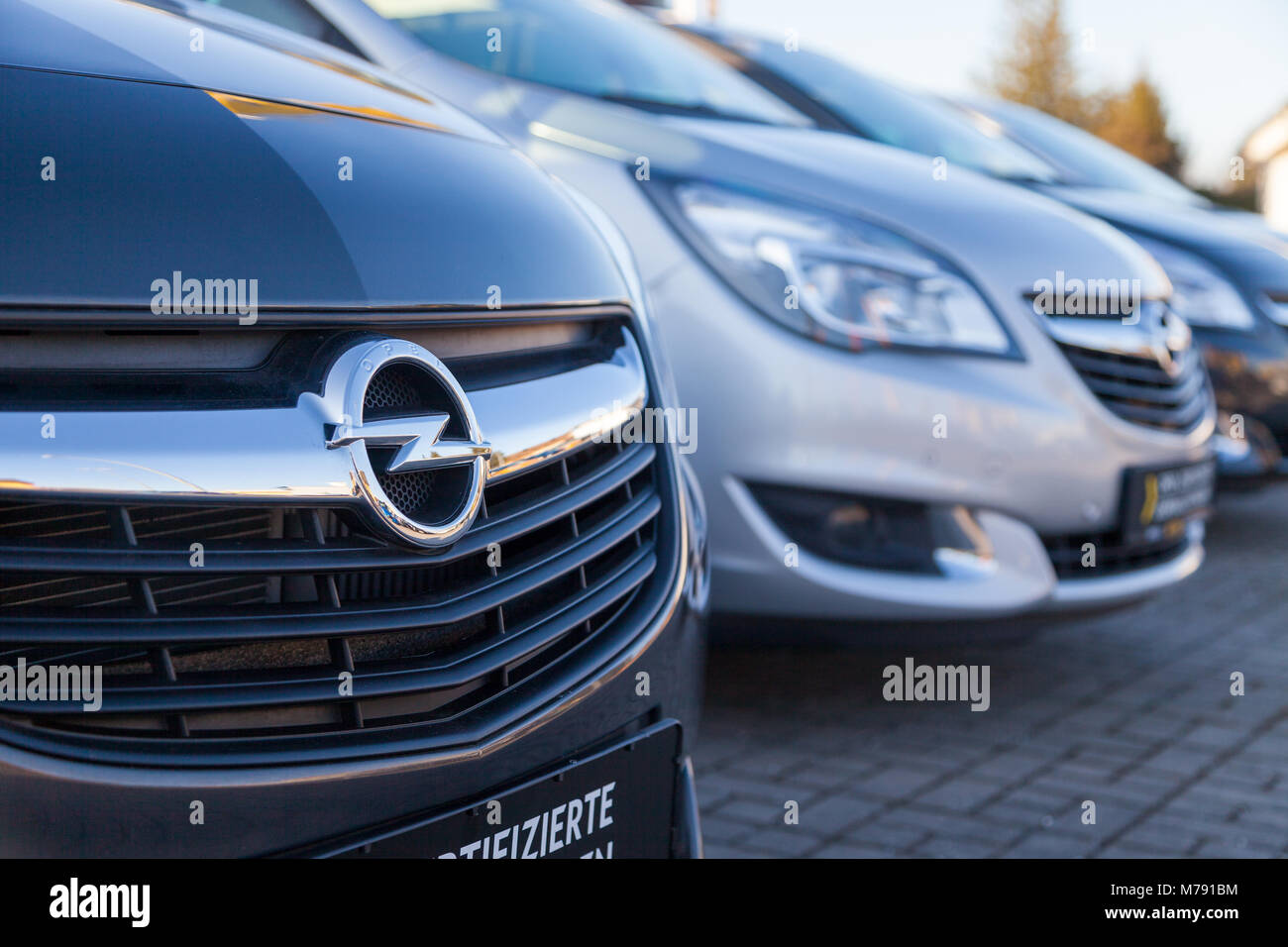 NUERNBERG / GERMANY - MARCH 4, 2018: Opel logo on a car at an Opel car ...