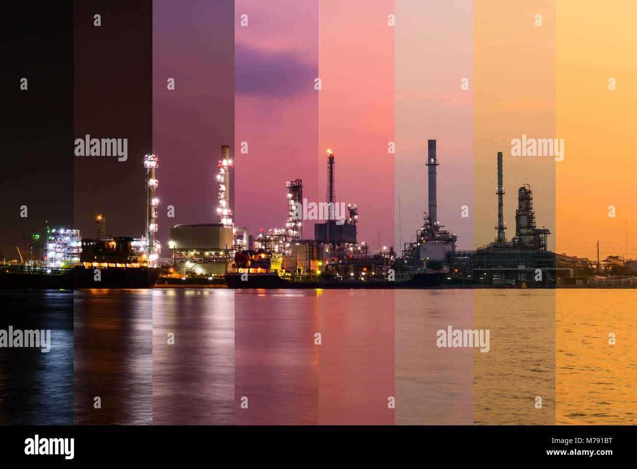 Different shade color of Oil refinery at the river in sunrise time ...