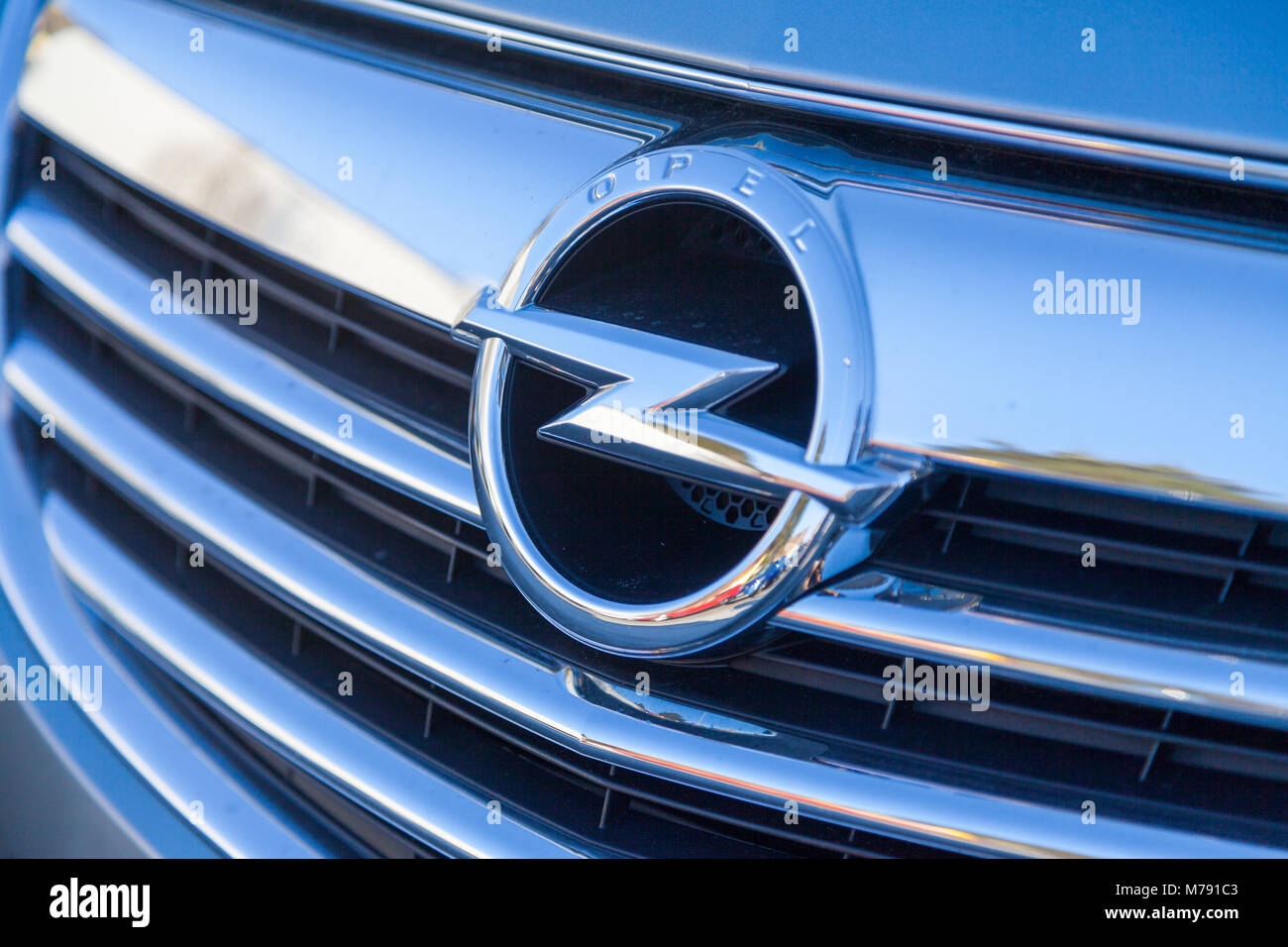 NUERNBERG / GERMANY - MARCH 4, 2018: Opel logo on a car at an Opel car ...
