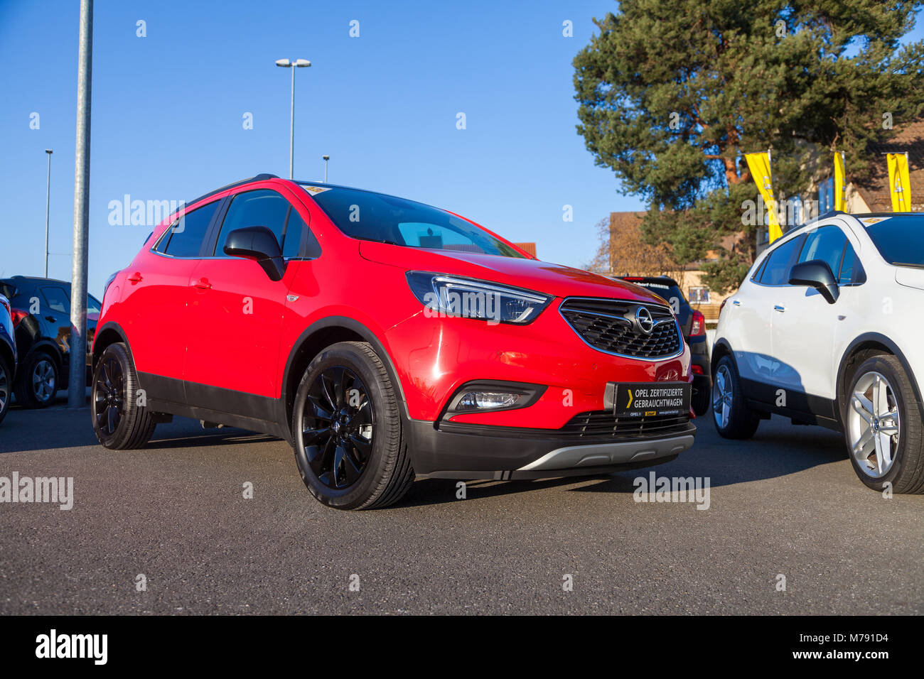 NUERNBERG / GERMANY - MARCH 4, 2018: Opel logo on a car at an Opel car ...