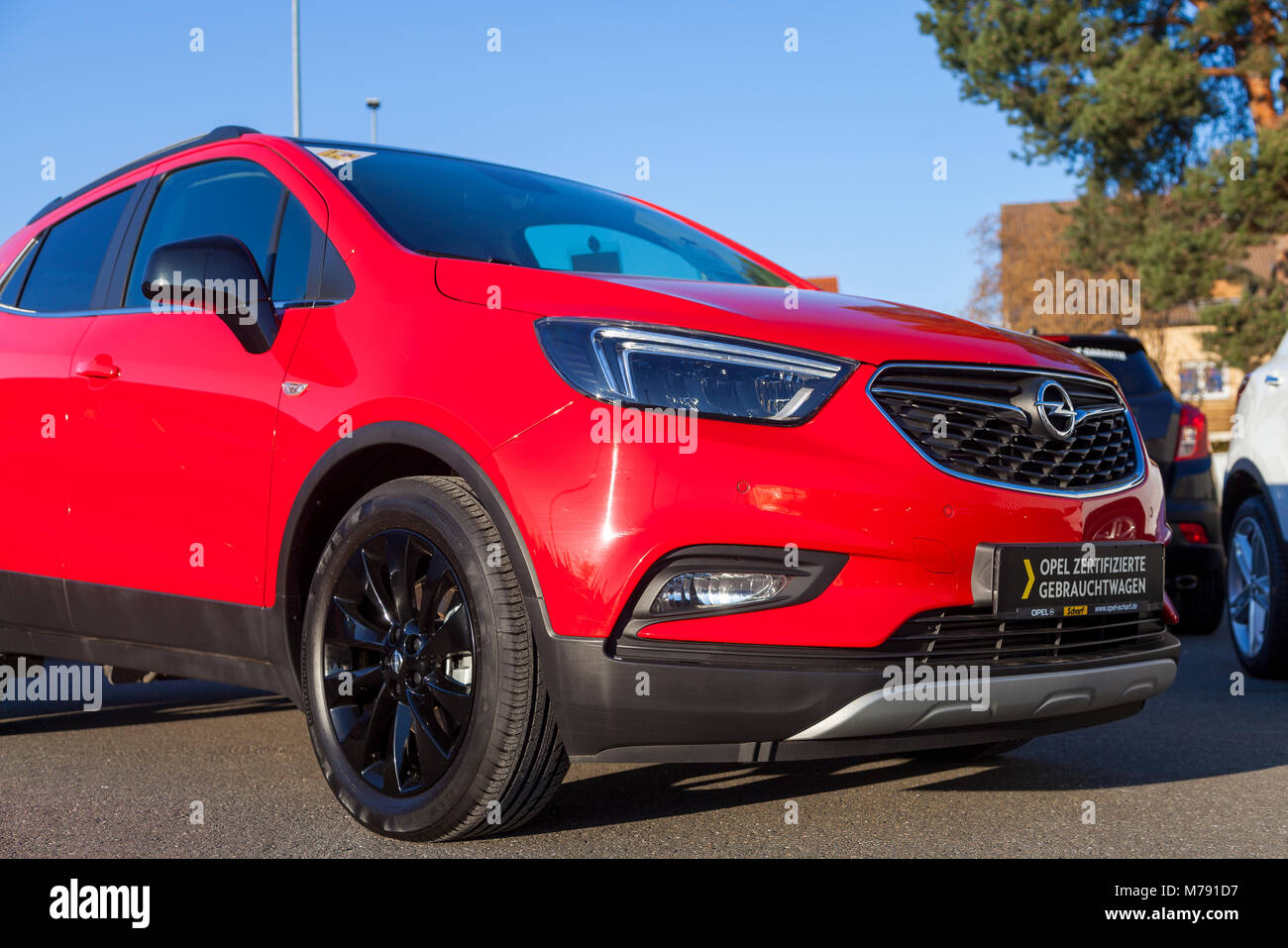 NUERNBERG / GERMANY - MARCH 4, 2018: Opel logo on a car at an Opel car ...