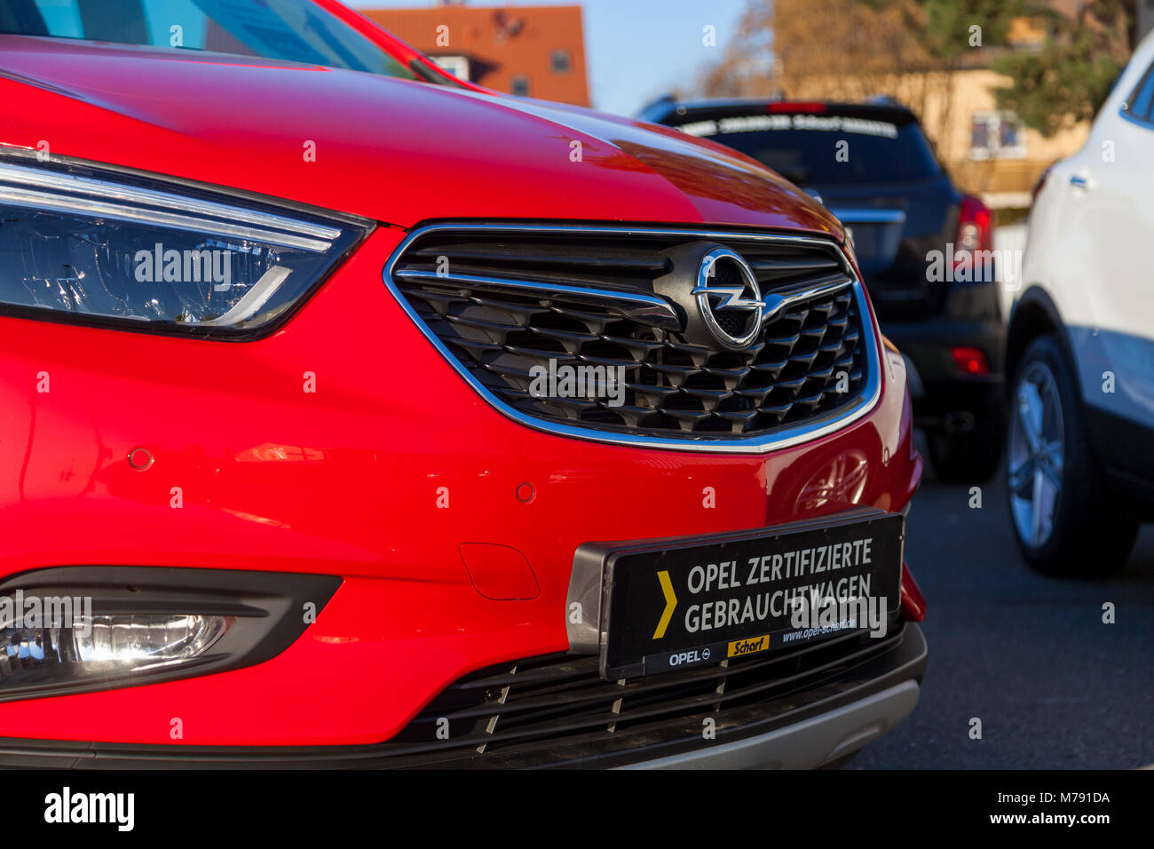 NUERNBERG / GERMANY - MARCH 4, 2018: Opel logo on a car at an Opel car ...