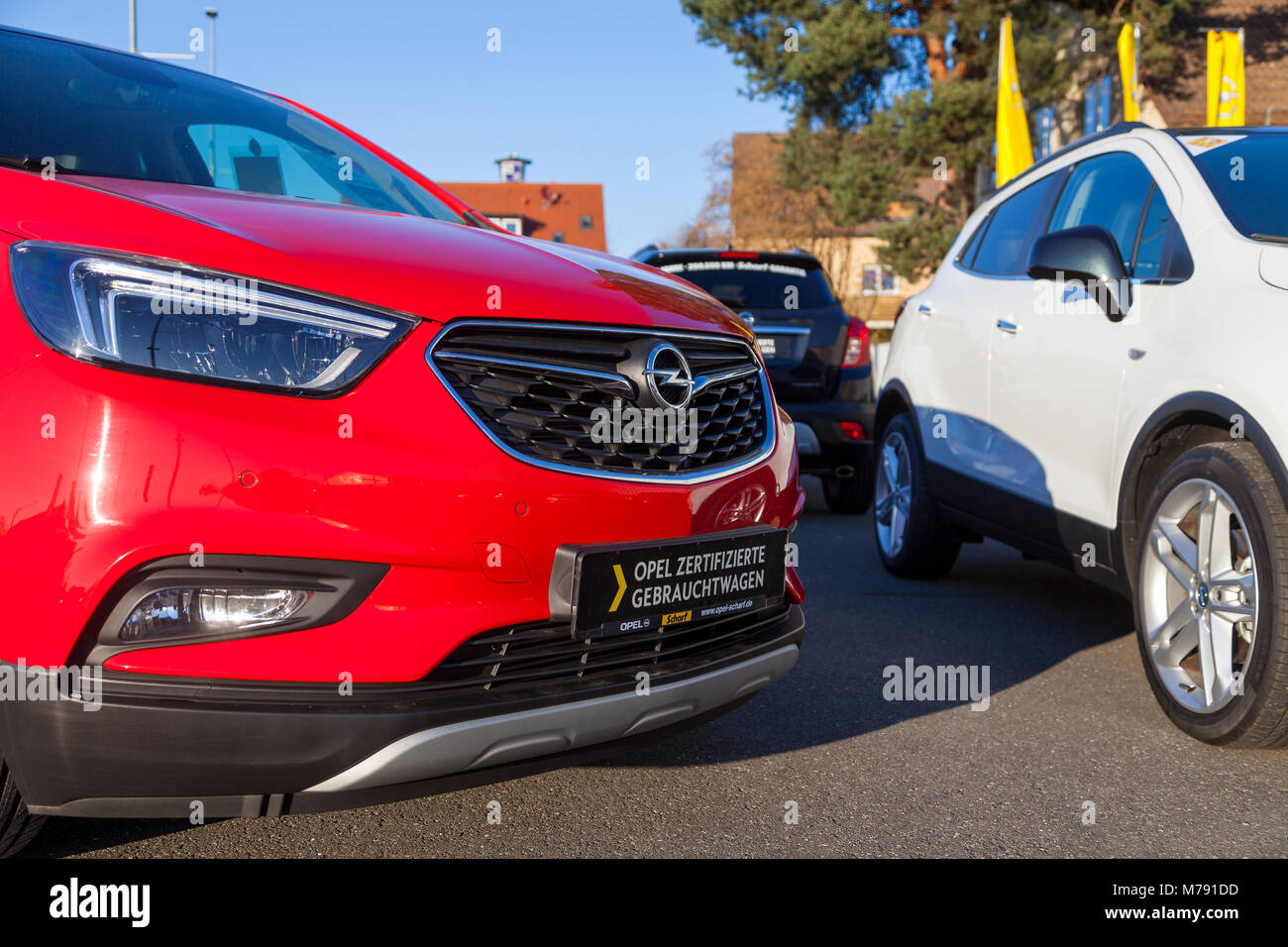 NUERNBERG / GERMANY - MARCH 4, 2018: Opel logo on a car at an Opel car ...